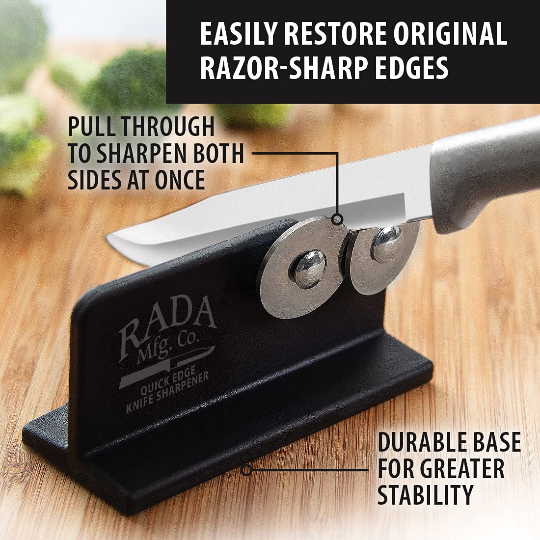 RADA Cooking Essentials Knife Starter Gift 3 Piece Black Handled Set With Knife Sharpener