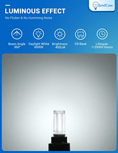 JandCase G9 LED Light Bulbs 5W, 40W Halogen Equivalent, 6000K High Brightness 400LM, G9 Base, Non-Dimmable, Flicker-Free, Daylight White for Home Lighting, Chandeliers, Household Applications, 5 Pack