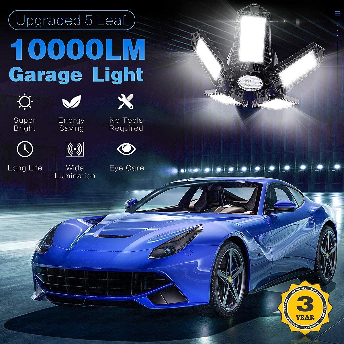 Led Garage Lights 2 Pack 100W Deformable Garage Ceiling Light for Garage Lighting Fixtures with 5 Adjustable Panels 10000LM 6500K Tribright Garage Light LED Shop Lights for Garage Warehouse Workshop