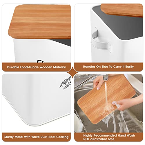 TeamFar Bread Box with Wooden Lid, 13.1β x 7.2β x 9.7β Metal Bread Container Storage Holder for Family Farmhouse Kitchen Countertop, Powder-Coated & Healthy, Large Capacity & Classic Pattern (White)