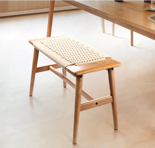 Tennozu Woven Bench, 32" L FAS Grade 100% Solid Oak Wood Dining Room Bench w/Rustic, Hand Woven Design, Firm Mortise & Tenon Structure, Long Bench for Dining Room/Entryway/Bedroom, White (Beige)