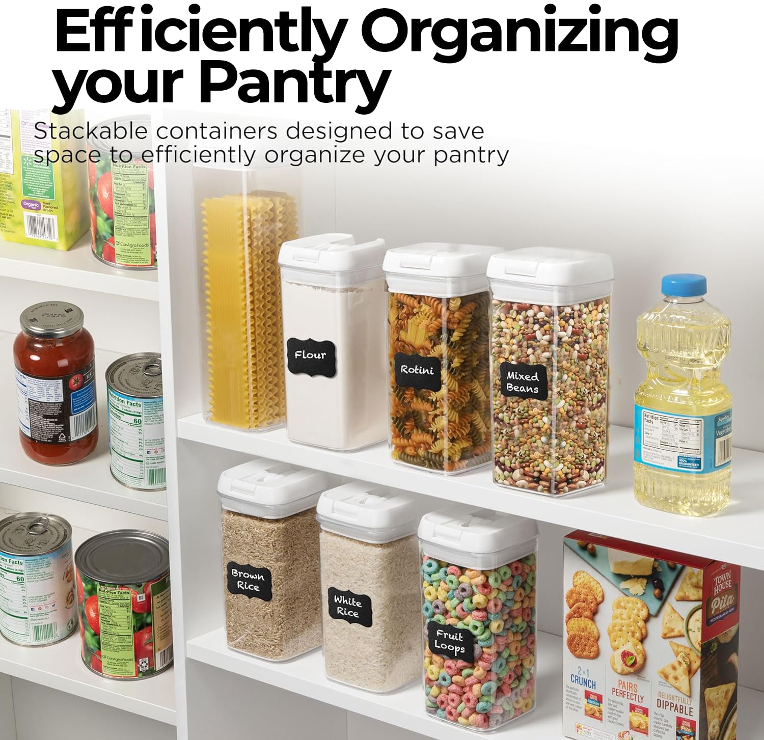 Shazo Airtight Food Storage Containers with Lids - 6 PC BPA Free Clear Plastic Cereal Containers with Easy Lock Lids for Kitchen and Pantry Organization for Snacks and Pasta - 1.2 L