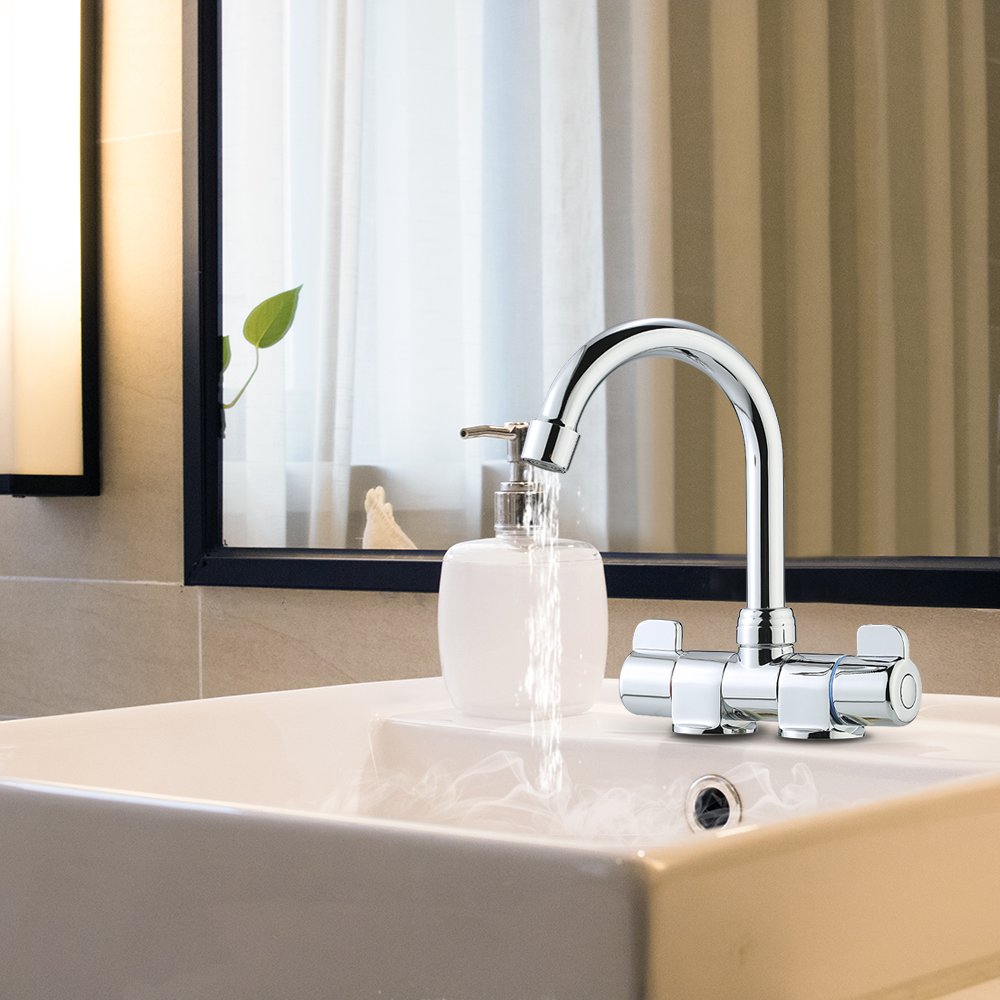 Kitchen Faucet,Wall/Deck Mounted RV Faucet Rotating,Stainless Steel Two Handle Deck/Wall Mounted RV Kitchen Faucet Hot and Cold Water Mixer Tap for Motorhome Travel Trailer