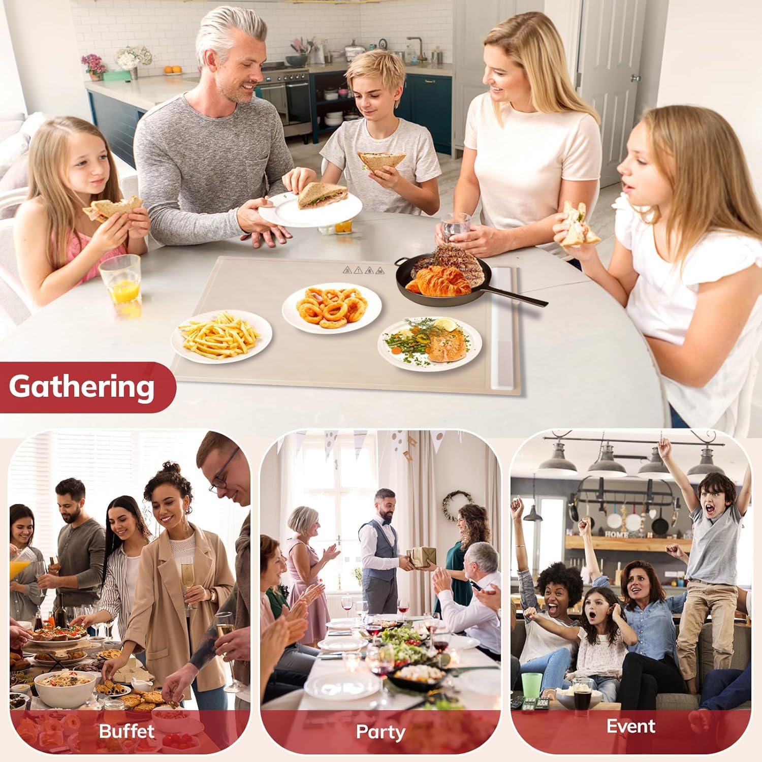 Tobiilw Electric Fast Warming Tray, 2024 New Food Warmers Adjustable Temperature, Full Surface Heating Mat, Roll-up Warming for Home Parties