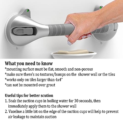 SAFETY+BEAUTY 16.5‘’ 2 Pack Suction Shower Grab Bar with Indicators, Balance Assist Bathroom Bathtub Handle, Silver/Grey