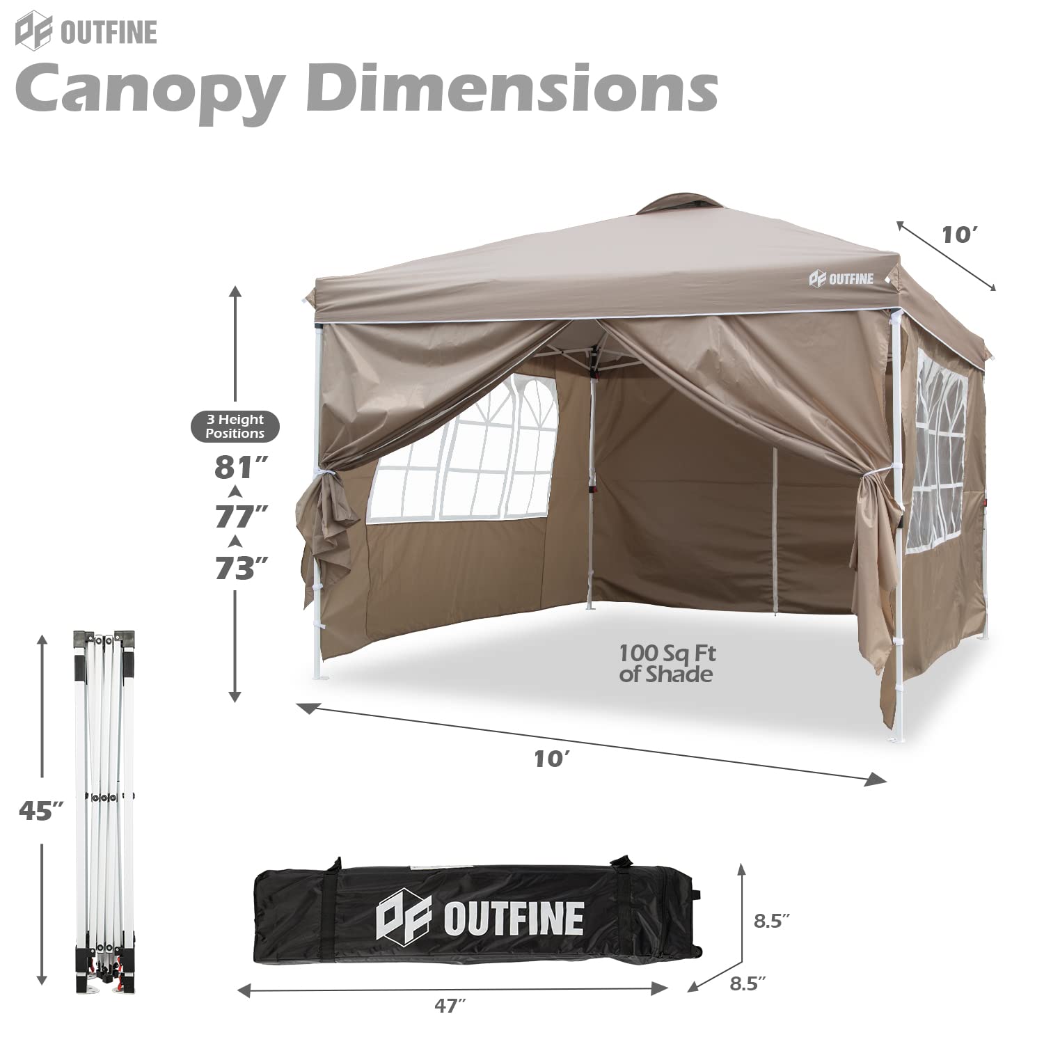 OUTFINE Patio Canopy 10'x10' Pop Up Commercial Instant Gazebo Tent, Outdoor Party Canopies with 4 Removable Sidewalls, Stakes x8, Ropes x4 (Khaki, 10 * 10FT)