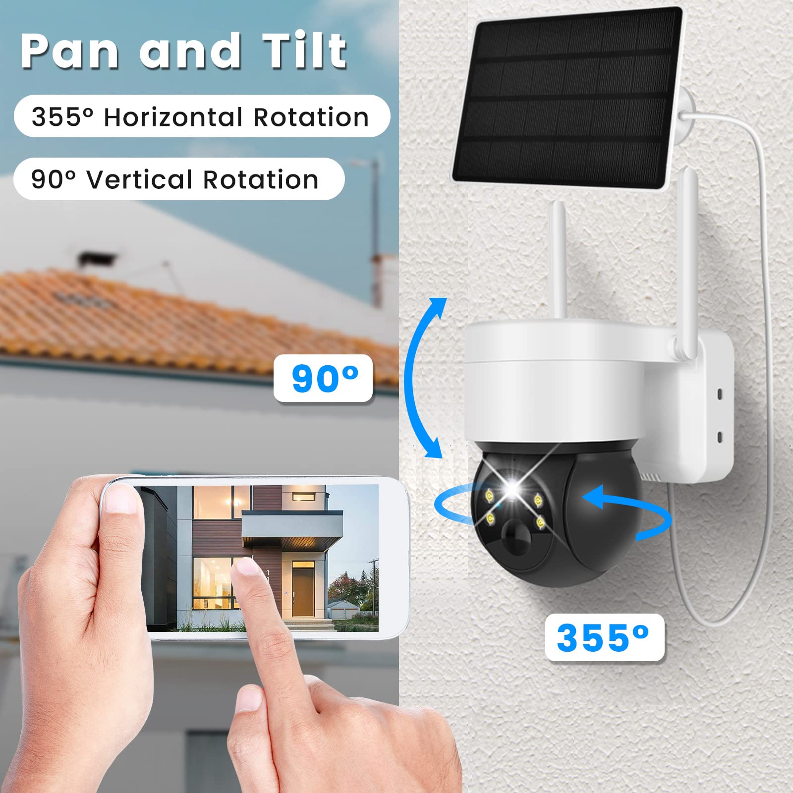Roinvou Solar Security Camera Wireless Outdoor, IP66 Waterproof Rechargeable Wireless Battery Powered with Solar Panel, PIR Human Detection, 2-Way Talk, Color Night Vision, Remote Access, Cloud/SD
