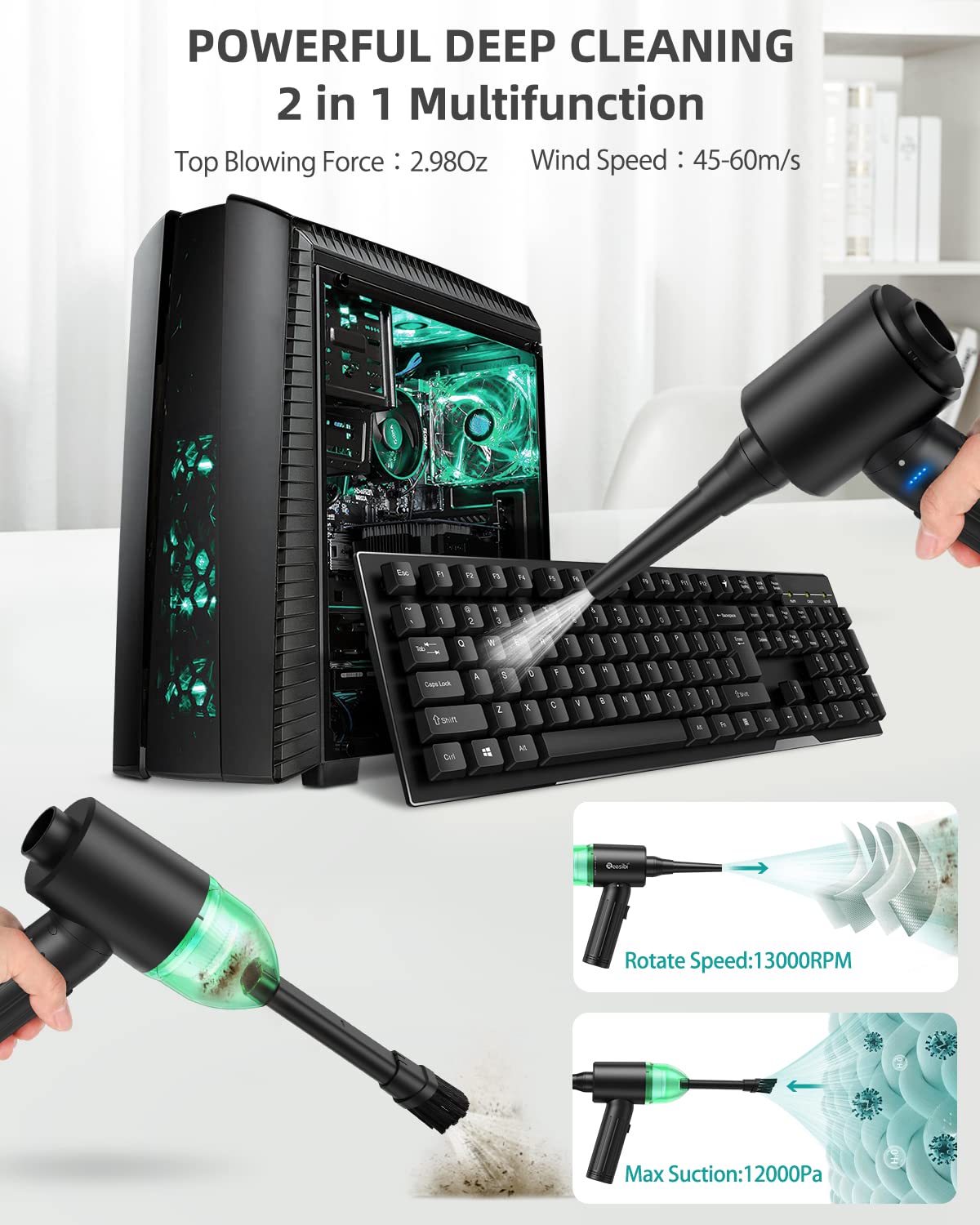 Reesibi Powerful Compressed Air Duster - 130000RPM Brushless Motor, Electric Air Duster for Computers with 4 Battry Indicator, Replace Canned Air Dusters, 7500mAh