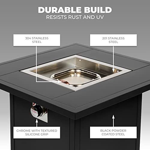 Outland Living Main Street 430 Model Square Fire Pit Table for Outside Patio β 28" Compact Outdoor Propane Gas Fire Table, Black β with Glass Rocks Set, Pre-attached 1m Hose and Regulator