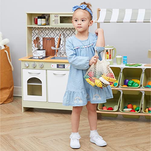 Teamson Kids Little Chef Frankfurt 21 Piece Wooden Pull-Apart Produce Food Set with Fruits and Vegetables Plus Mesh Grocery Shopping Bag, Multicolor , Green
