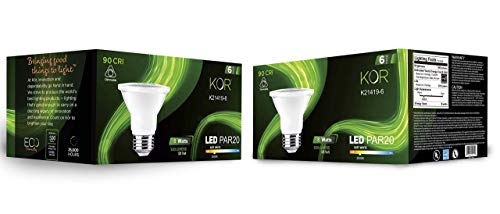 KOR (Pack of 6) LED PAR20 Light Bulbs, 8W (Replaces 50W 50PAR20), 3000K Soft White, E26 Base, Dimmable, Waterproof Indoor/Outdoor Use, UL & Energy Star