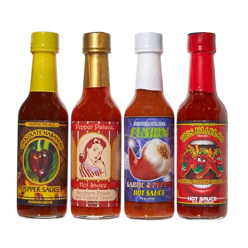 Pepper Palace Wild to Mild Hot Sauce Variety Gift Kit: Tr3s Diablos, Garlic Fusion, Southern Peach and Vidalia Onion Hot Sauce, and Chocolate Habanero Sauces