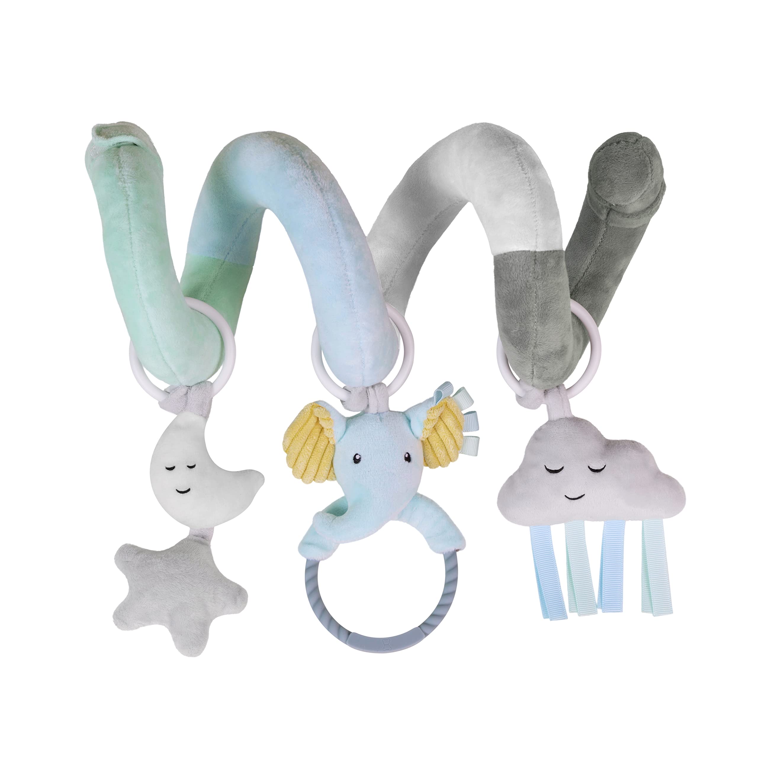 Reesy Bear Spiral Activity Toy for Car Seat, Stroller, Crib, or Play Gym; Features Hanging Plush Toys for Babies with Silicone Teether, Rattles, Crinkle Sounds, Squeaker, & Textured Ribbons - Sky Blue