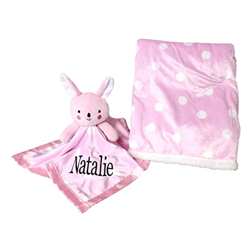 SONA G DESIGNS Personalized Baby Security Blanket Lovey and Swaddle Blanket Set with Custom Embroidered Name for Babies Boy and Girl (Bunny with Embroidered Name)