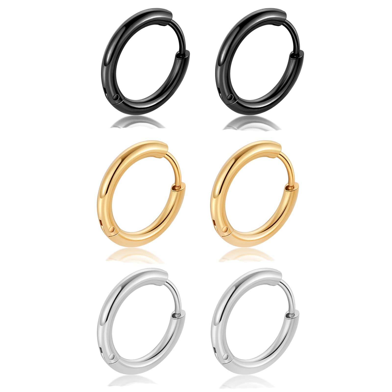 Hypoallergenic Small Hoop Earrings for Women Men Huggie Tiny Hoop Earrings Sets for Cartilage Tragus Titanium Surgical Steel Gold Silver Black Color 20G 9mm Inside Diameter