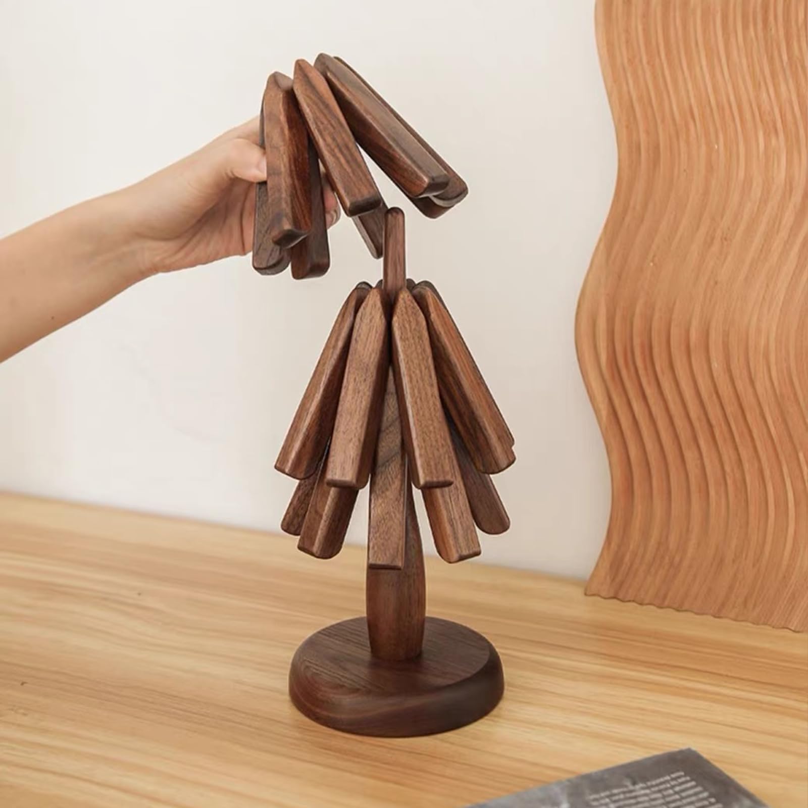 SHEKAKO Wooden Trivet Pads Set, 3 Heat Resistant Pot Holders, Non-Slip Foldable Wood Coaster, Christmas Tree Shaped Trivet Mats, Home Decor for Table Protection for Drinks, Plates, Pots, Pans (A)
