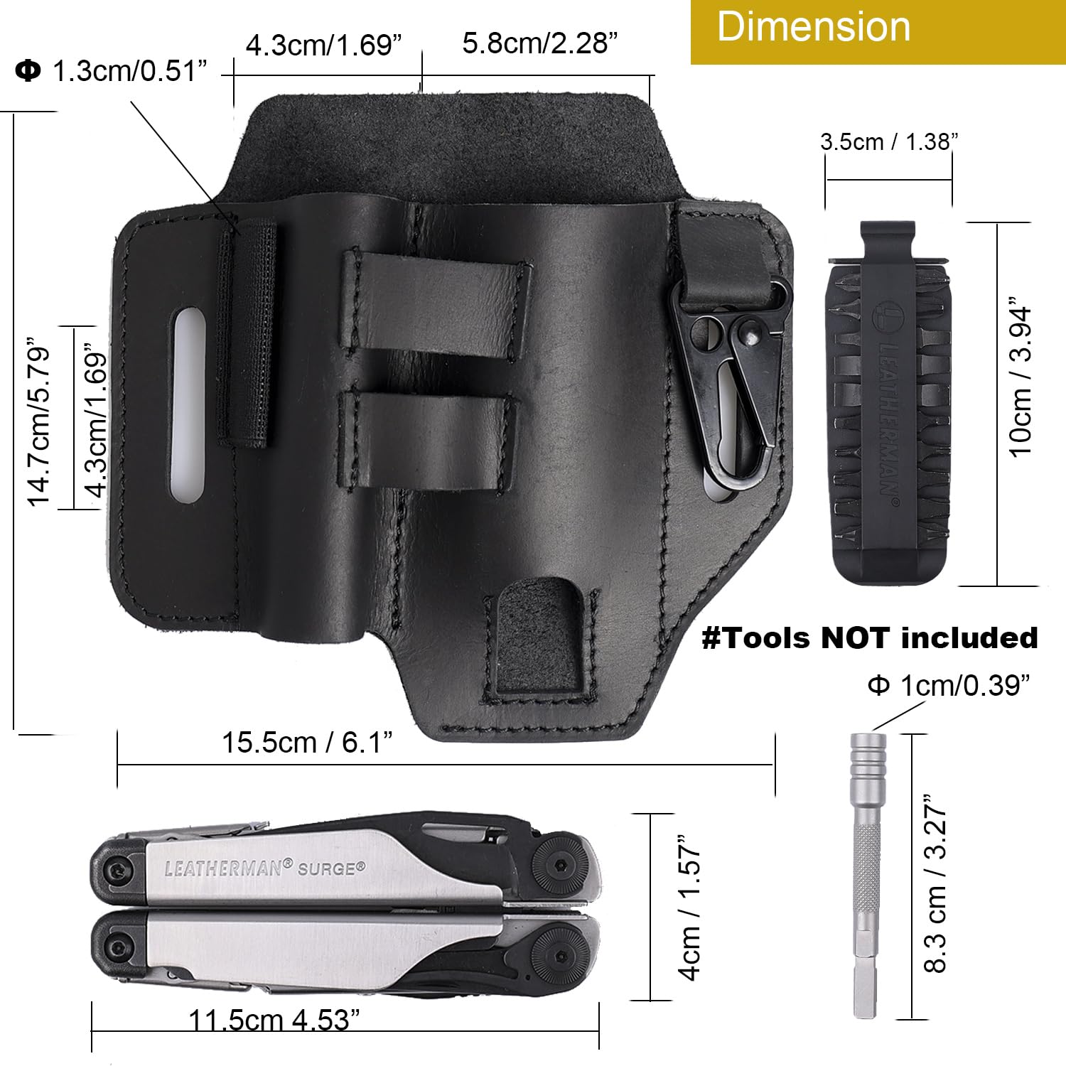 Topstache Multitool Sheath for Belt - EDC Belt Organizer - Leather Multitool Holster with Flashlight Holder, Elastic Band Pen Holder and Keychain Clip - Multitool Holder - Multitool Pouch, Black