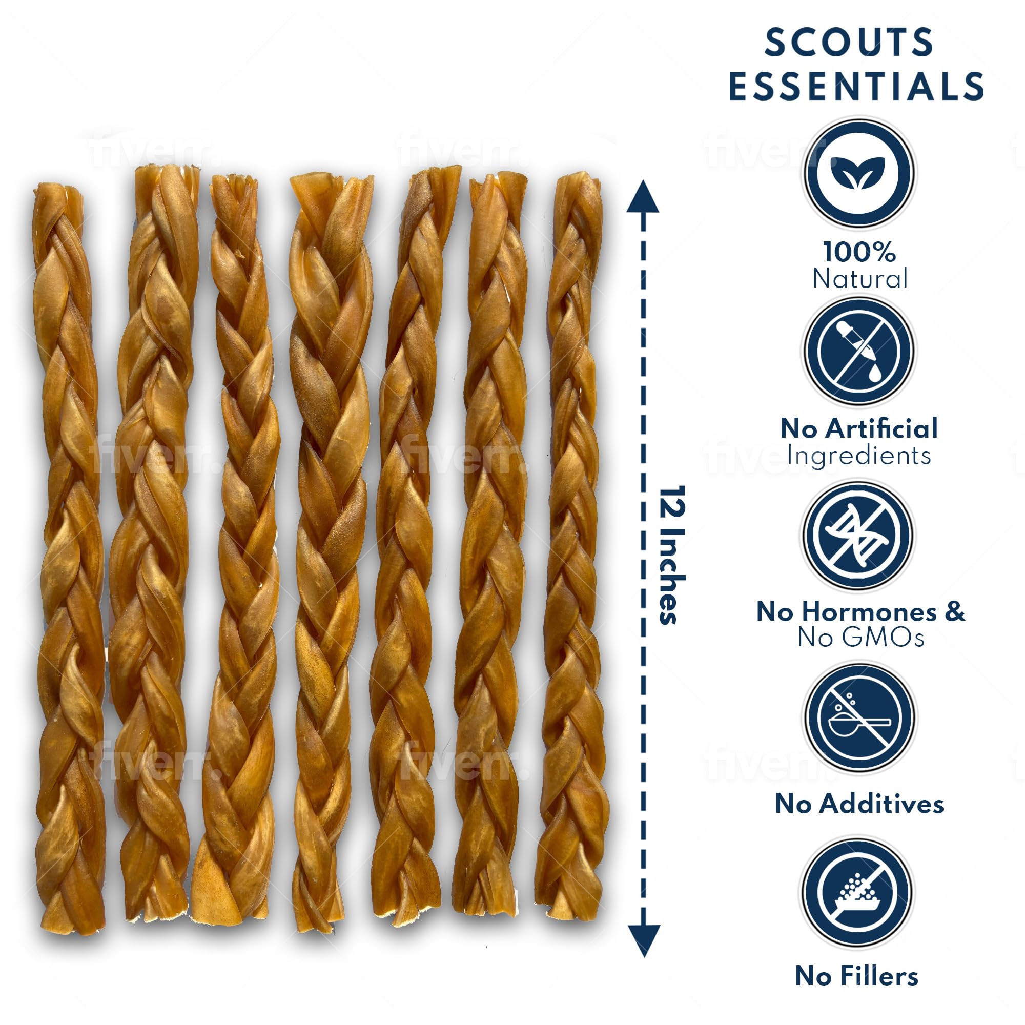 Scouts Essentials - 12β Premium Braided Collagen Chews 1 Pound 100% Natural Pure Grass-Fed Beef Single Source Treat Long Lasting Aggressive Dog Chewers Medium Large Dogs Muscle Growth