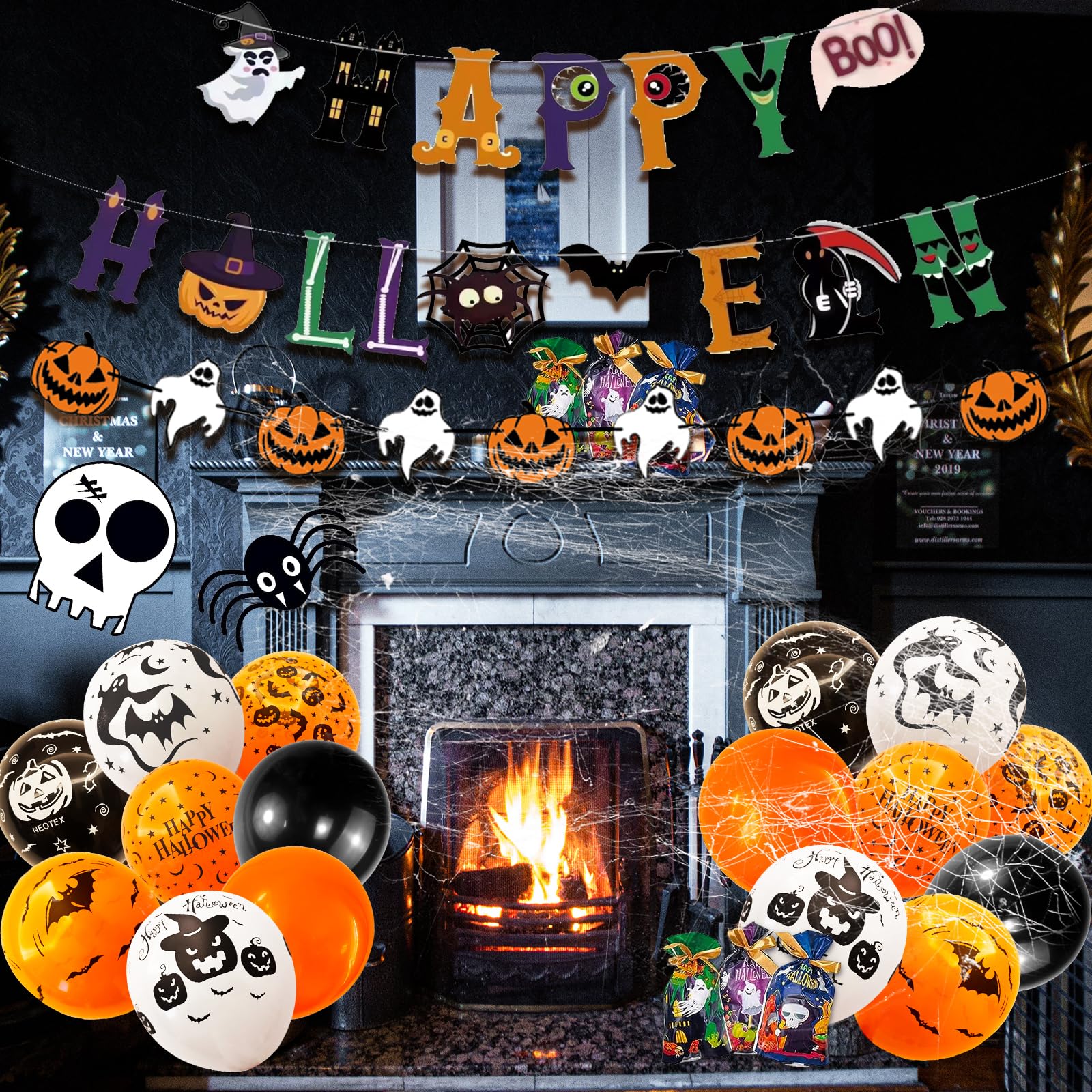 UJoyant 101 Pcs Halloween Party Decorations, Halloween Party Supplies - Ghost and Bat Pumpkin Banner, Halloween Multi Balloons, Photo Booth Props, Candy Gift Bags, Spider Wed