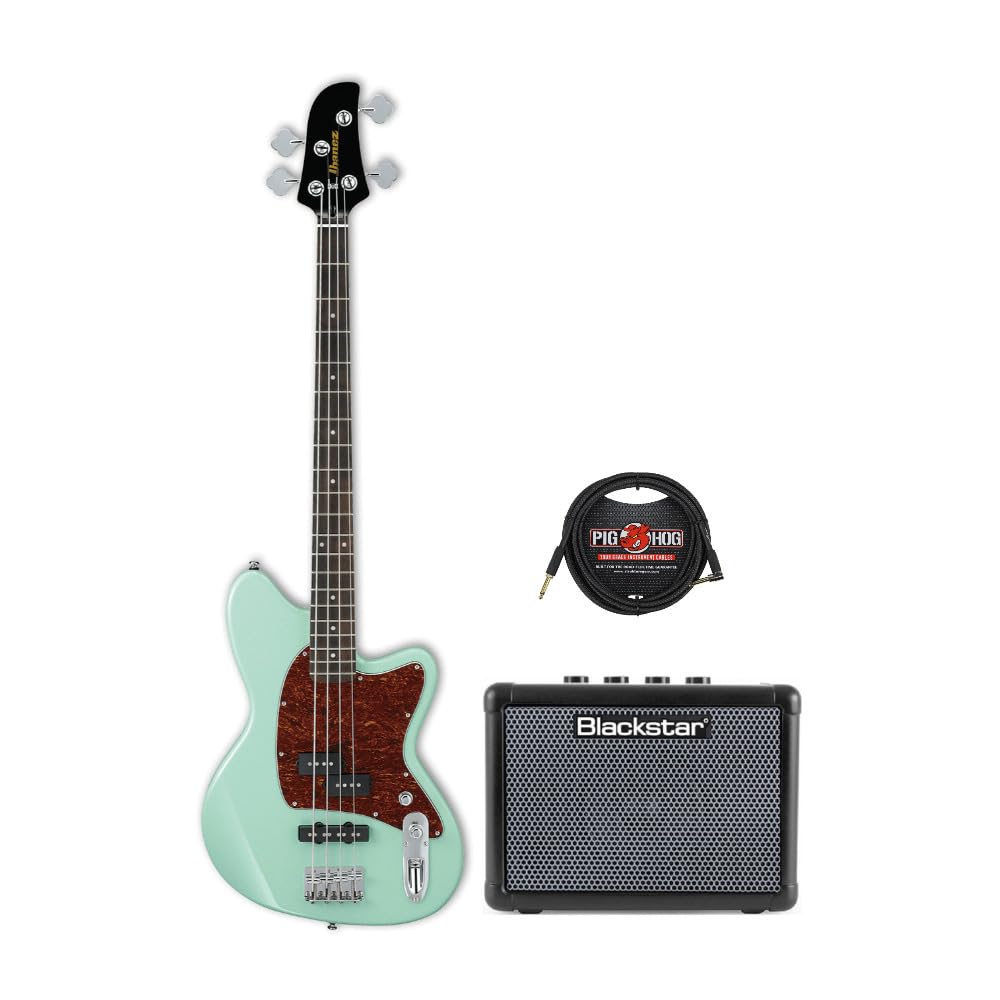 Ibanez TMB100 Talman Electric Bass Guitar (Mint Green) Bundle with 3 Watt Bass Amplifier with On-board Compressor, and Woven Right Angle Instrument Cable 10-Feet (3 Items)