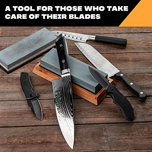 Premium Knife Sharpening Stone Set – 400/1000 and 3000/8000-Grit Professional, Whetstone Set Includes Flattening Stone, Bamboo Base, Leather Strop, Honing Guide, Angle tool and Abrasive Compound