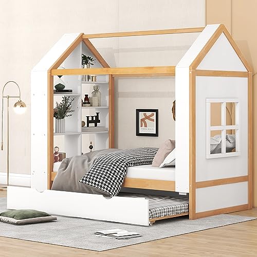 LAVHOME Twin Size House Platform Bed with Storage Shelves and Twin Size Trundle,Solid Wood Twin Bed Frame Box Spring Not Required,White