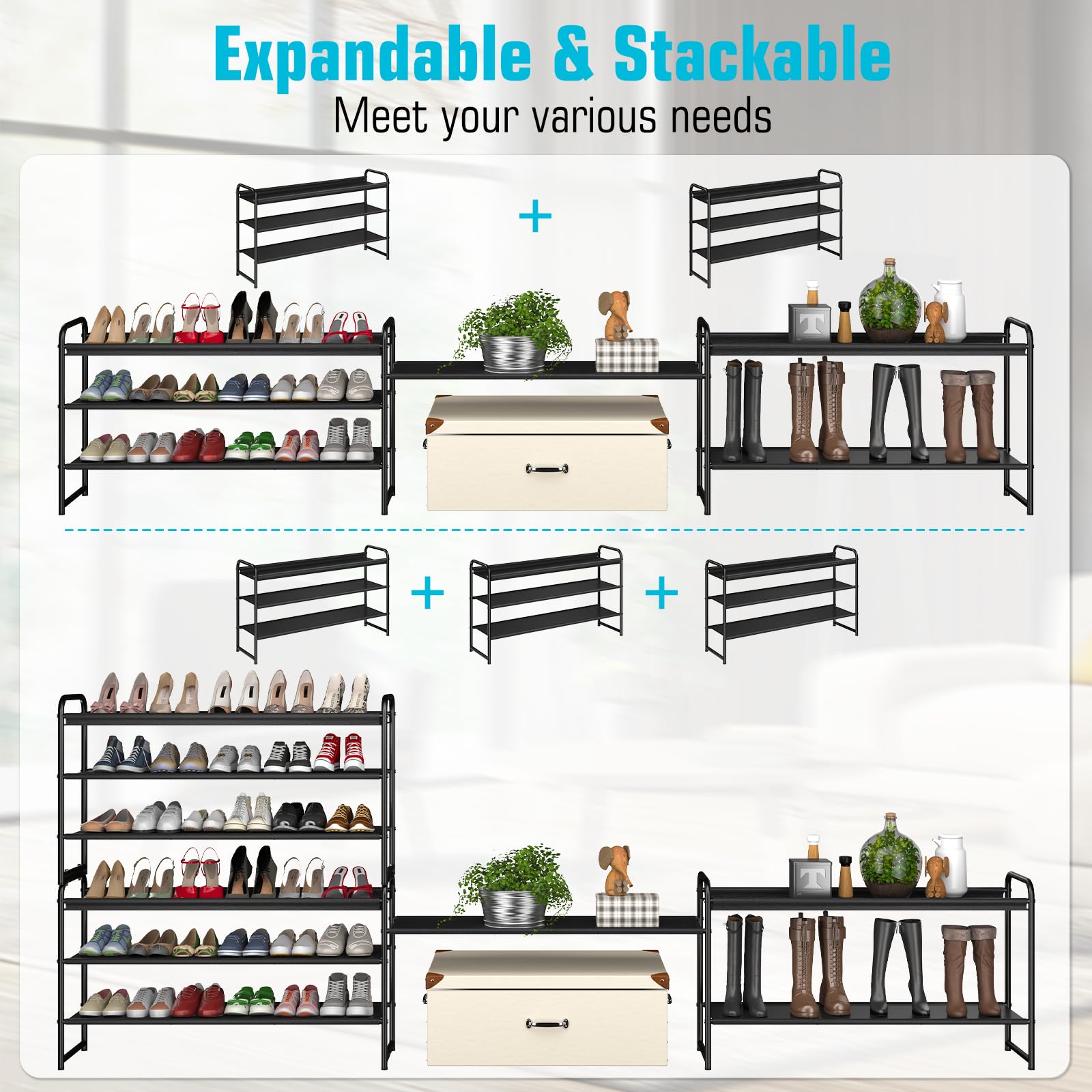 HYSEYY Long Shoe Rack for Closet, 3-tier Shoe Organizer Storage for Closet Holds 20-24 Pairs, Large Fabric Stackable Shoe Rack Shelf for Entryway, Bedroom, Floor, Black