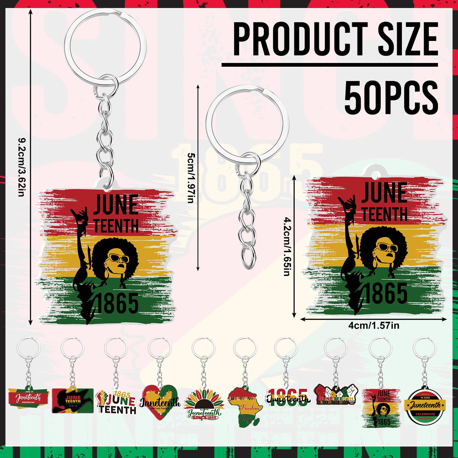 Remuuly 50 Pcs Juneteenth Keychain Bulk Gifts Juneteenth Freedom Gifts Heart 1865 Territory Key Ring for Women Men