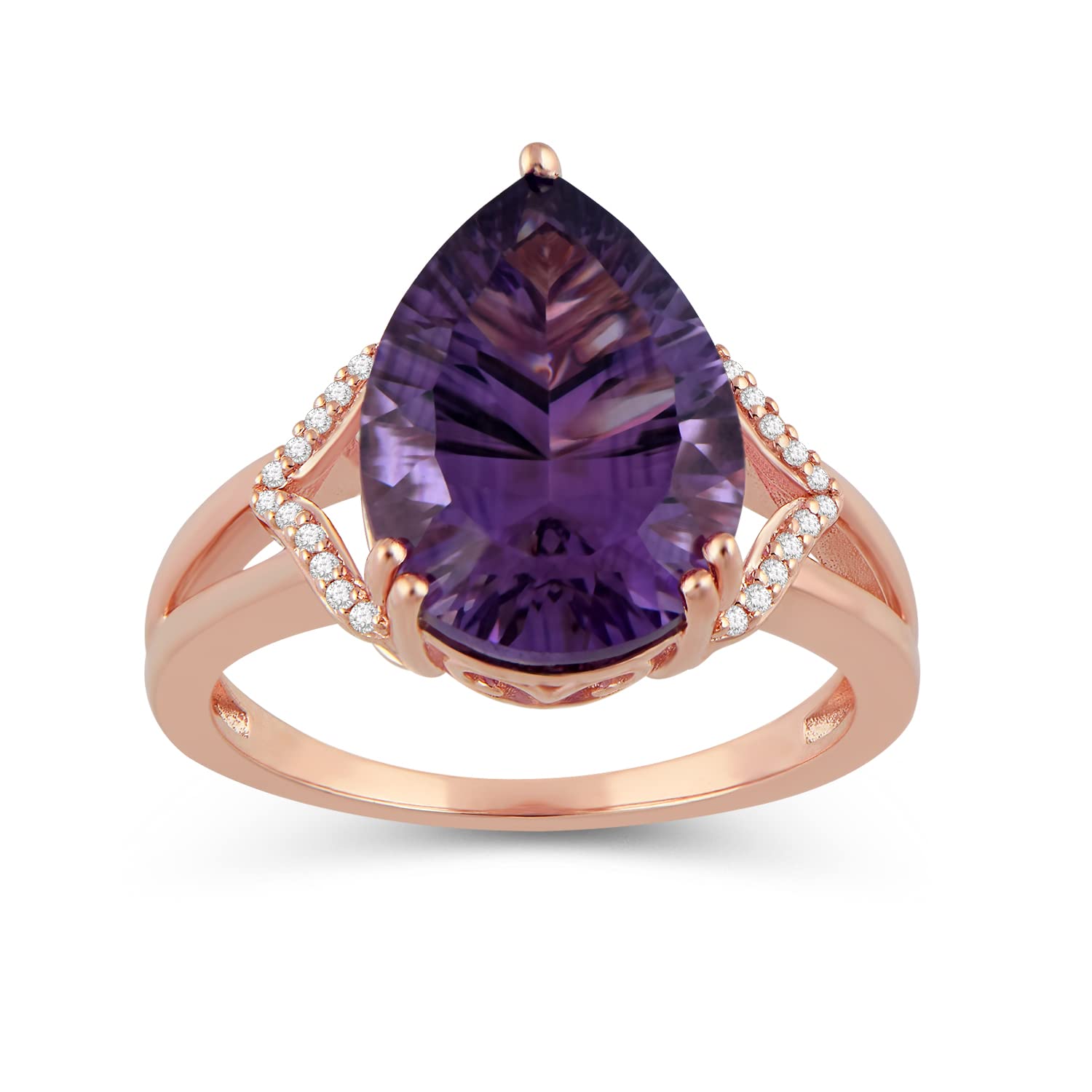 Jewelili 10K Rose Gold 14x10 MM Concave Pear Shape Amethyst and Natural White Round Diamond Accent Ring, Size 7