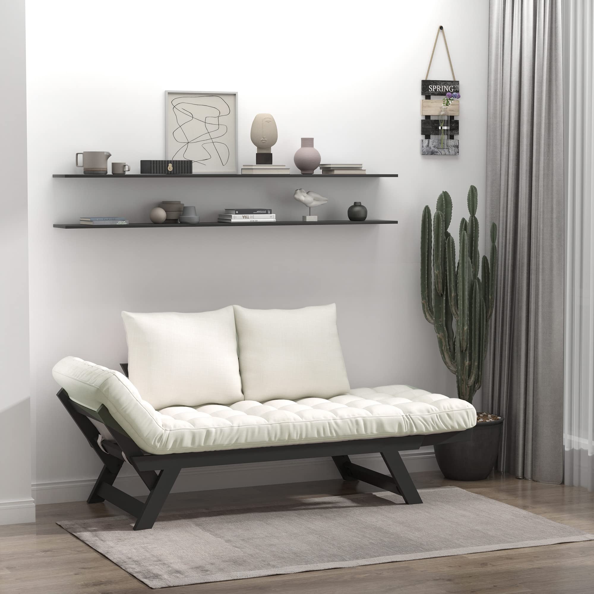 HOMCOM Single Person 3 Position Convertible Chaise Lounger Sofa Bed with 2 Large Pillows and Oak Frame, Cream White