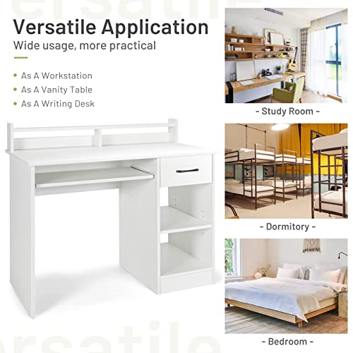 Tangkula White Computer Desk with Drawer & Keyboard Tray, 22 Inch Wide Modern Study Writing Desk with Desktop Hutch & Storage Shelves for Kids, Wood PC Laptop Desk, Desk for Bedroom