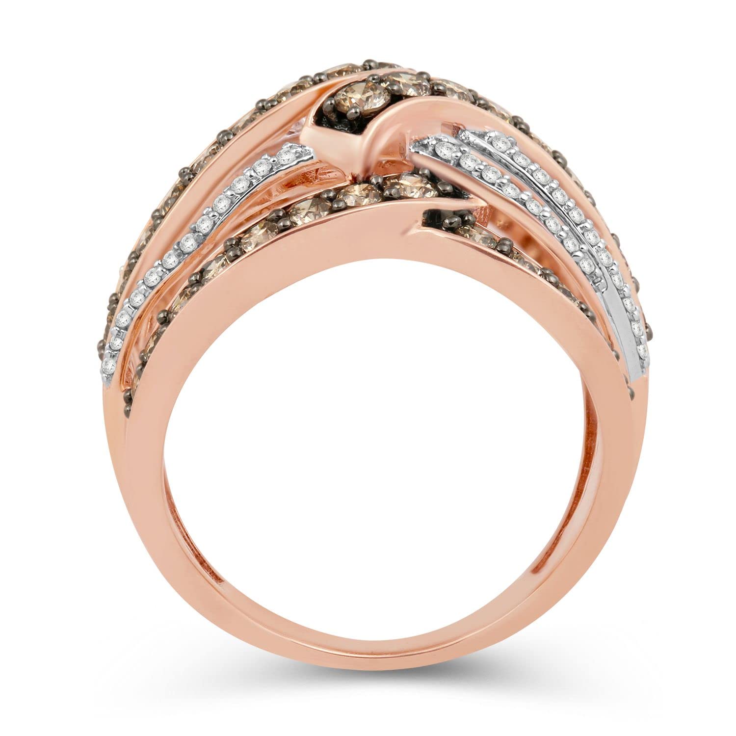 Jewelili 10K Rose Gold 1 1/2 Cttw Natural Champagne and White Round Diamonds Crossover Ring, Size 7