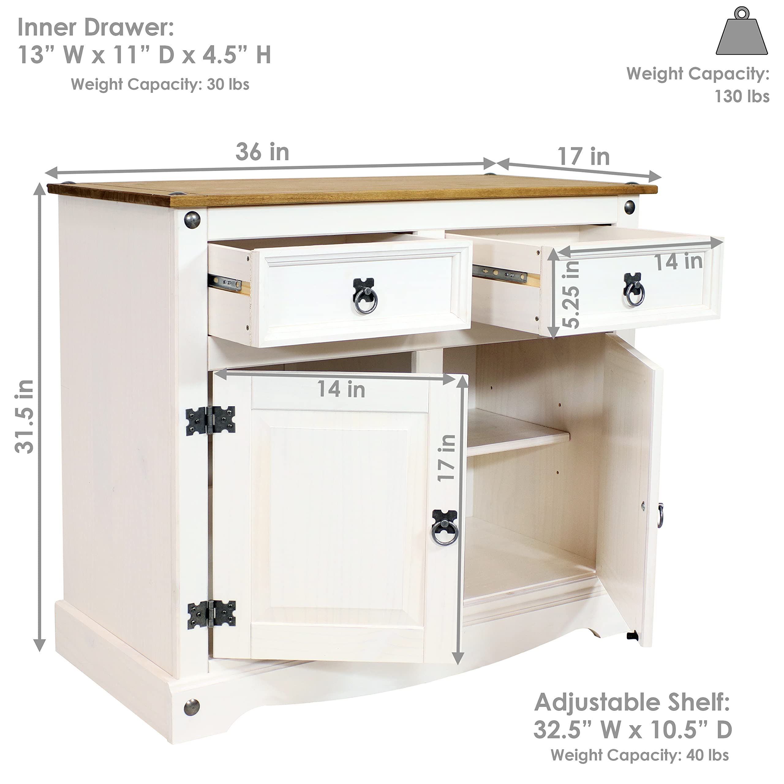 Sunnydaze 31.5-Inch H Kitchen Sideboard Cabinet with 2 Drawers and 2 Doors - Solid Pine Construction with White Finish