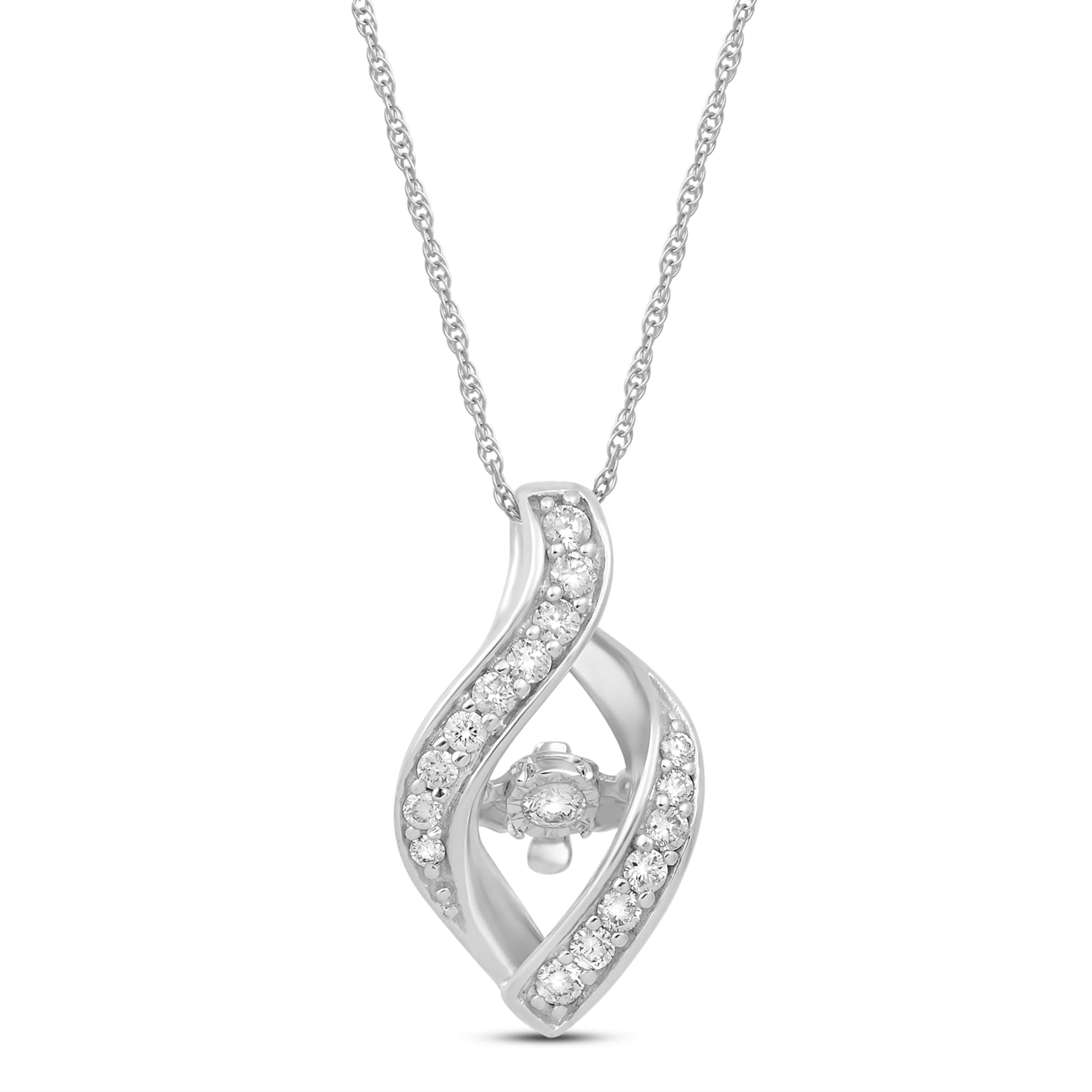 Jewelili 10K White Gold with 1/6 Cttw Natural White Round Dancing Diamond Miracle Set Love Pendant Necklace, 18" Rope Chain