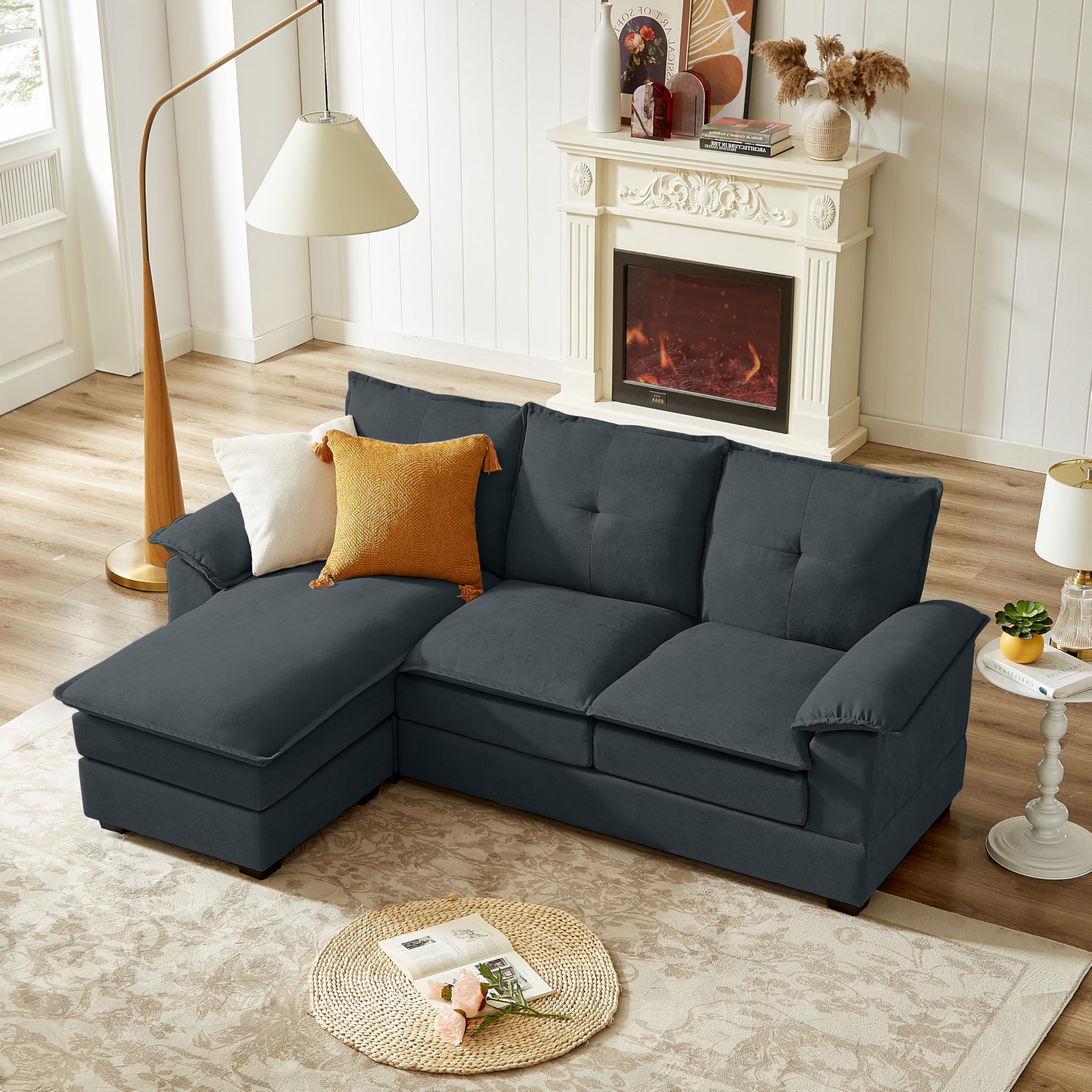 Tornama Convertible Sectional Sofa, 82" Comfy Couches for Living Room, 3 Seat Cloud Couch, L Shaped Couch with Ottoman for Apartment, Studio, Office, Dark Grey