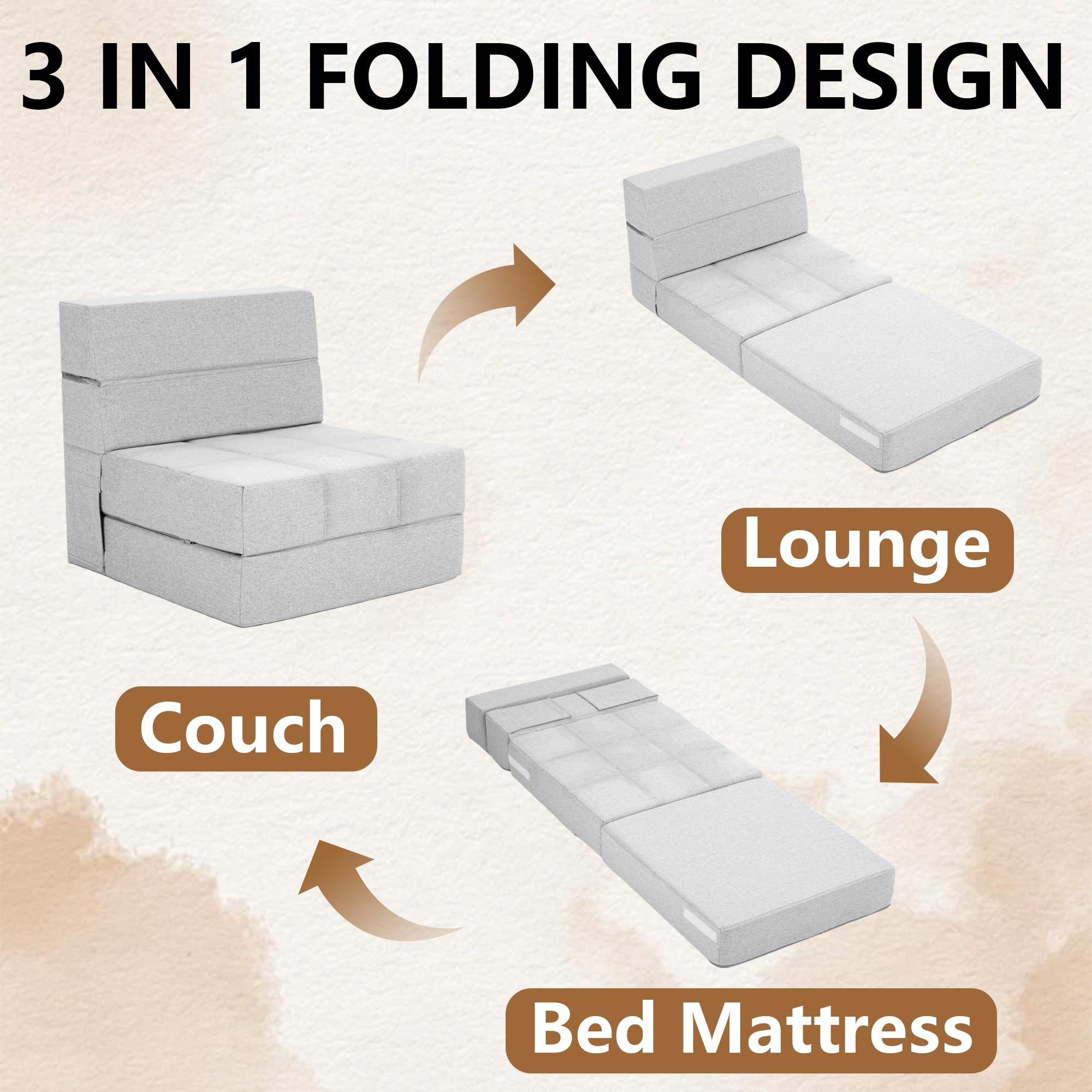 VINYUSE Folding Sofa Bed,Convertible Sleeper Chair Floor Couch,7 inch High Resilience Memory Foam, Futon Sofa Sleeper Chair with Washable Cover for Living Room/Bedroom 76" x 29" x 7",Grey