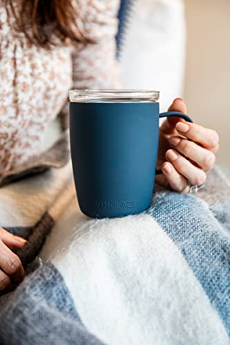 Vinglacé Stainless Steel Coffee Mug- Insulated Hot and Cold Beverage Cup with Glass Insert and Lid, 12 oz, Navy