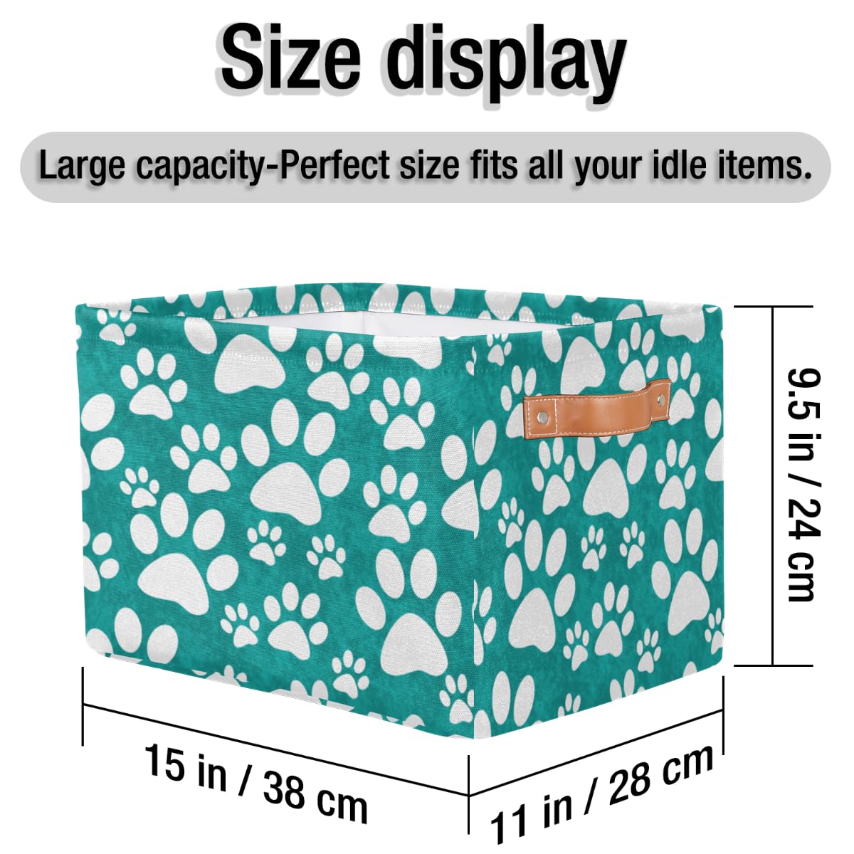 Teal and White Dog Paw Foldable Storage Basket Bin Large Fabric Kids Toys Storage Cube Box with Handles Collapsible Closet Shelf Cloth Organizer Basket for Nursery Bedroom Shelves Laundry