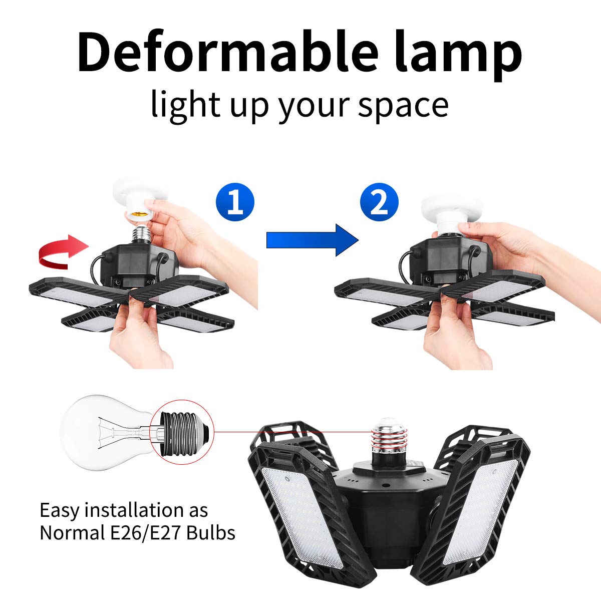 LED Garage Lights, 120W 12000 Lumens Deformable LED Garage Ceiling Lights with 4 Adjustable Panels, E26 Medium Base 6500K Daylight LED Light Bulb, LED Shop Lights for Garage, Basement, Barn, Warehouse