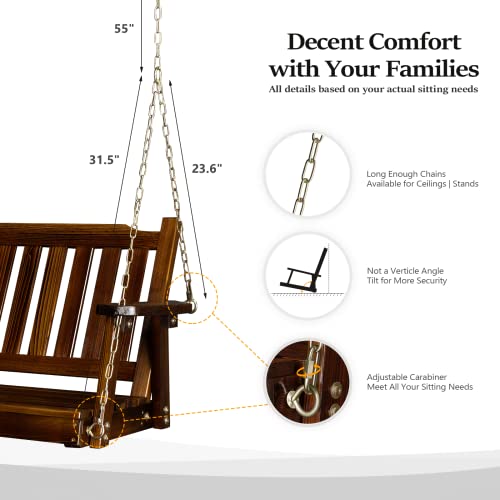 VINGLI Heavy Duty 880 LBS 4 FT Patio Wooden Porch Swing with Upgraded Adjustable Chains, Outdoor Handing Swing Bench for Garden, Yard, Balcony (Rustic Brown)