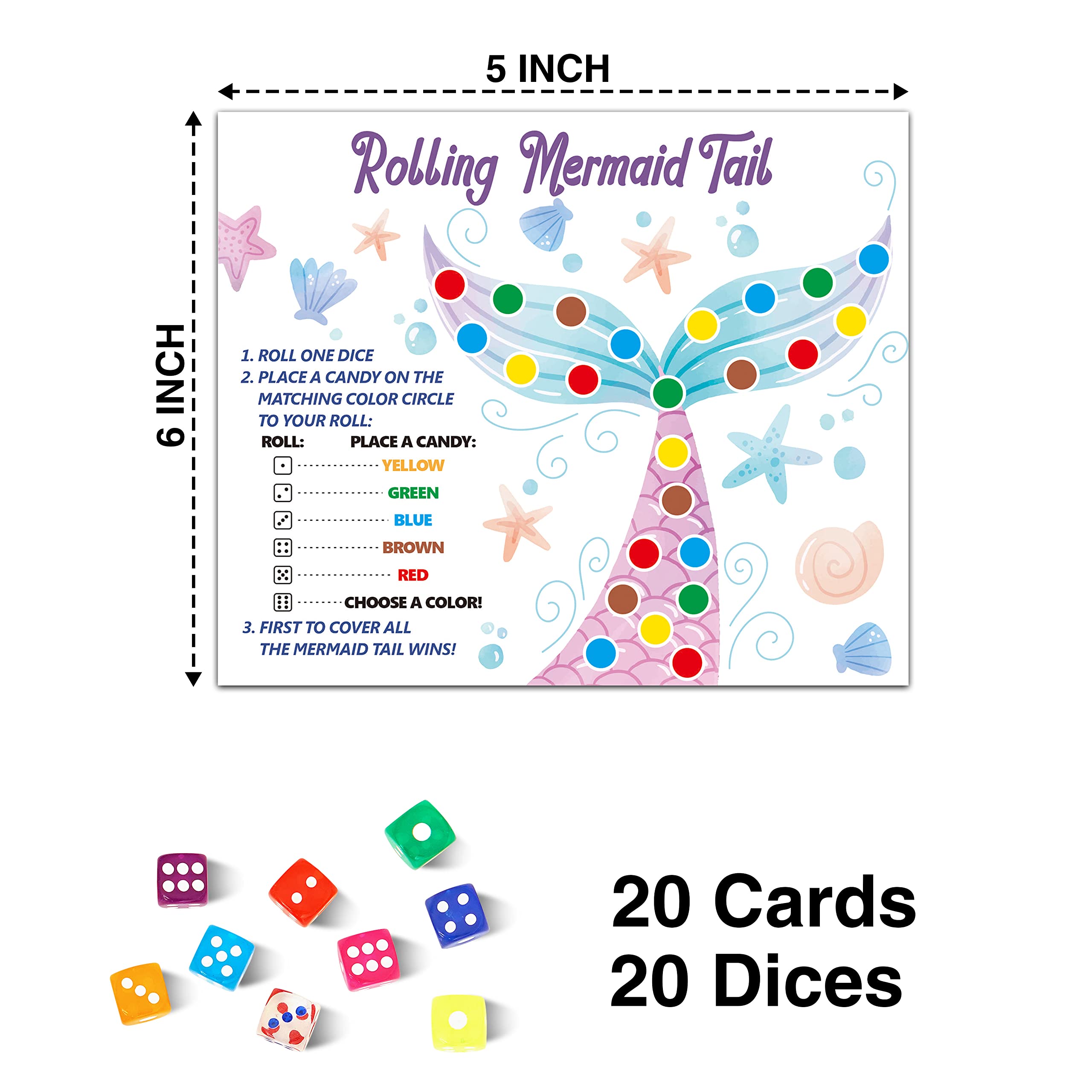 Roll The Dice Game, Baby Shower and Birthday Party Party Kids Table Game, Rolling Mermaid Tail, 20 Play Cards 20 Colored Dices (ONE-b12)