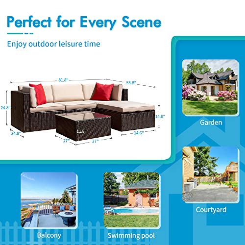 Rankok 5 Pieces Patio Furniture Sectional Outdoor PE Rattan Wicker Lawn Conversation Cushioned Garden Sofa Set (Beige) …