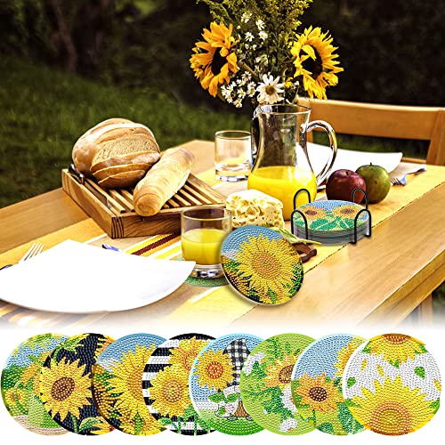 Sunflower Diamond Painting Coasters DIY Diamond Art Coaster 5D Full Drill Diamond Coaster Acrylic Round Cup Coaster with Holder Cork Pad for Summer Fall Thanksgiving Party Home Decor DIY Crafts, 8 PCS