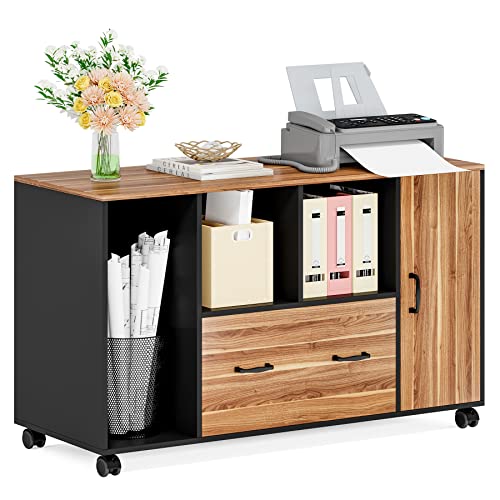 LITTLE TREE Rolling File Cabinet with Drawer and Door,Mobile Filing Cabinet with Storage Shelves and CPU Holder for Home Office,Living Room