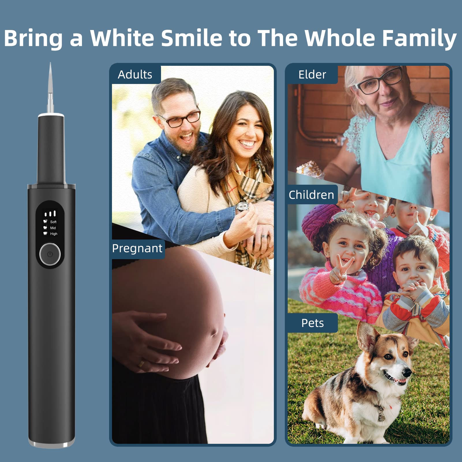 Teeth Cleaning Kit Plaque Remover, Mouth Mirror & Light, 4 Heads, 3 Modes, Rechargeable