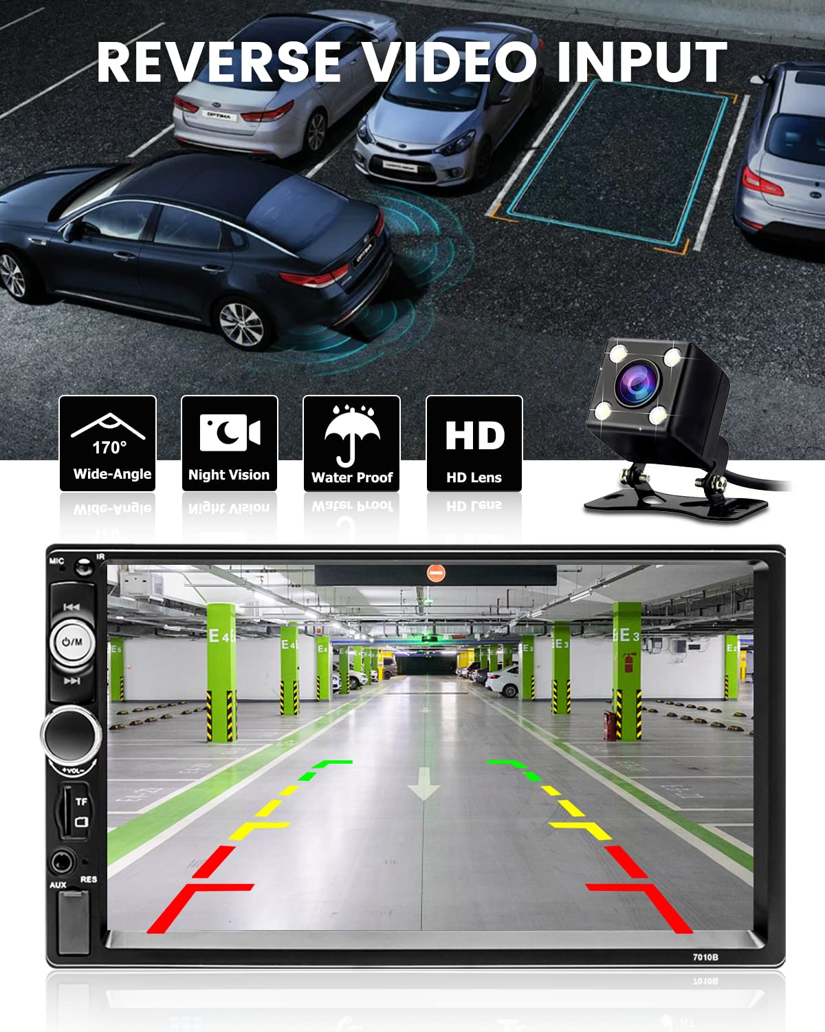 Hikity Double Din Car Stereo Radio with Backup Camera 7 Inch Touch Screen Car Radio Support Mirror Link Bluetooth Handsfree FM Audio Receiver Wireless Remote Control Steering Wheel Control