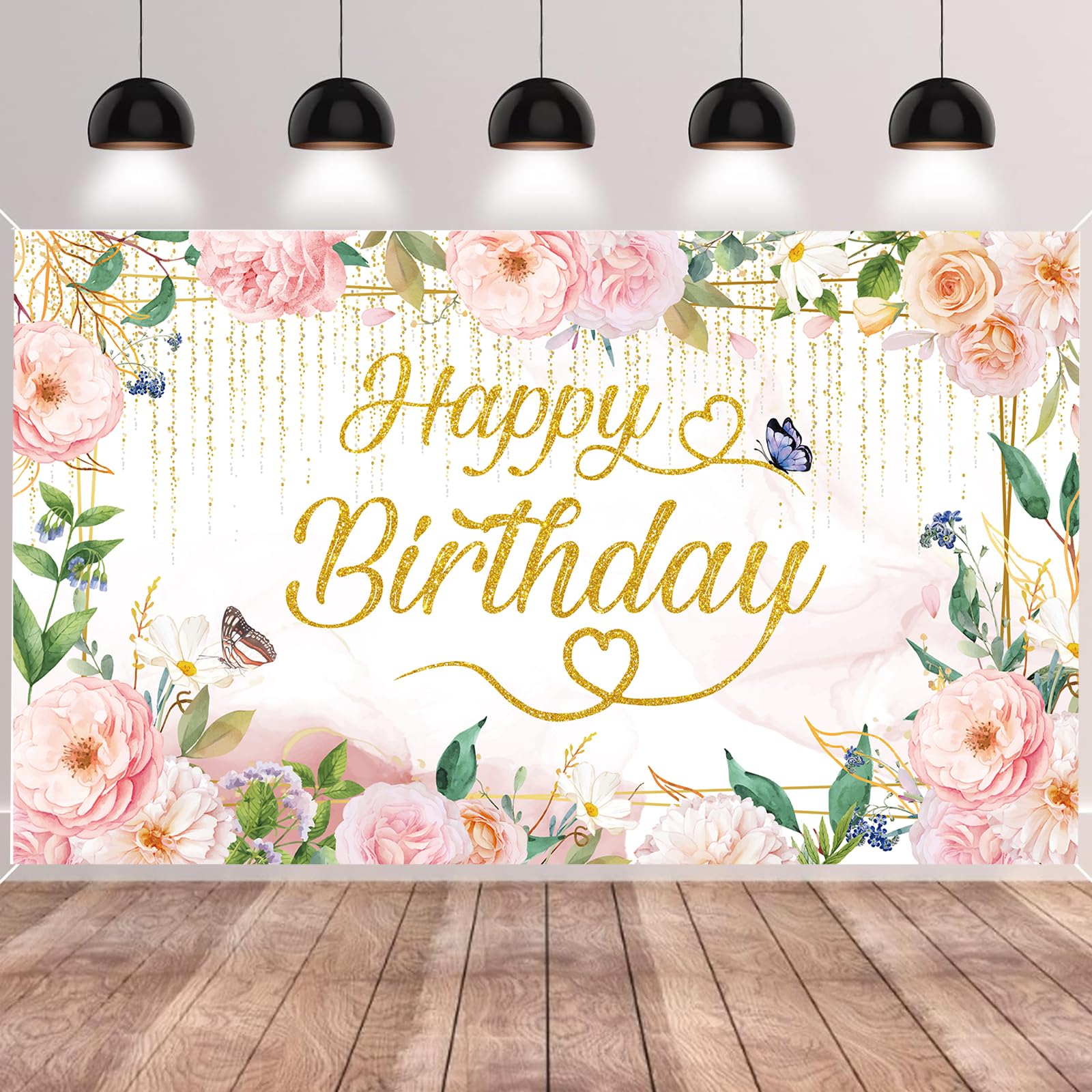 SMENGGIL Florals Happy Birthday Banner Backdrop Flowers Plants Butterfly Photography Background Hanging Pink Gold Green Birthday Party Decoration Supplies for Girls Womens Birthday Decor 72.8*43.3in