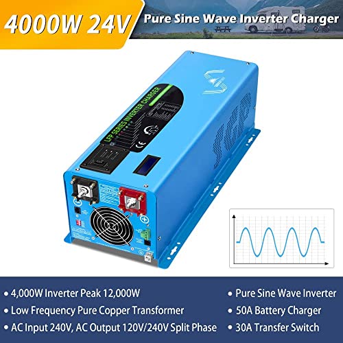 SUNGOLDPOWER 4000W 24Vdc Pure Sine Wave Inverter Low Frequency 240Vac Input 120Vac/240Vac Output Split Phase with Battery Charger Off-Grid 12000W Peak,(Updated Version)