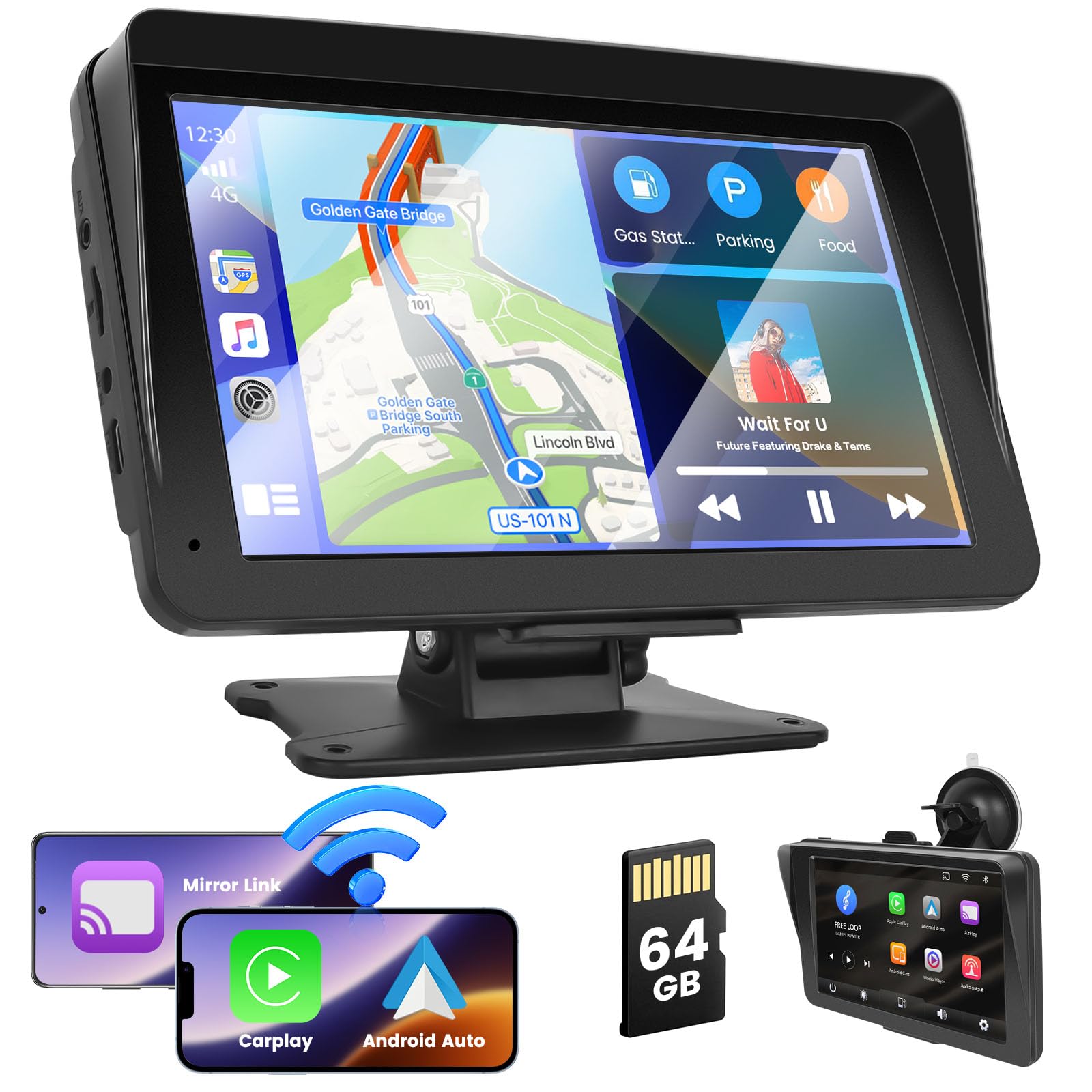 Hikity Portable Wireless Apple Carplay & Android Auto Car Stereo with 7 Inch Touchscreen Car Radio Support AirPlay Android Bluetooth Handsfree AUX/FM Transmitter 64GB TF Card