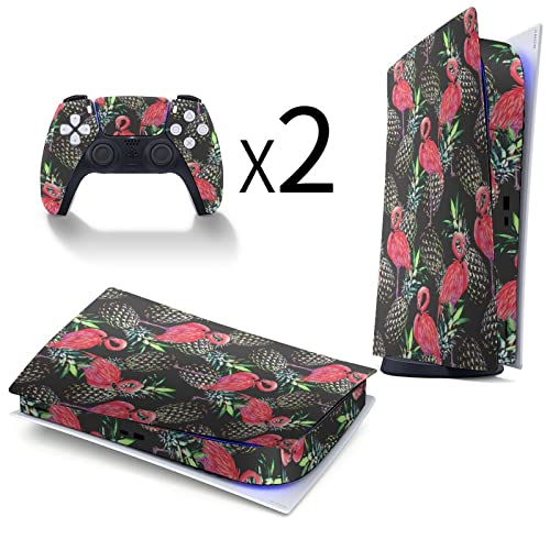 Pink Flamingos and Pineapples Full Protective Skin Cover Design Wrap Decal Sticker Compatible with PS5 Digital Edition Console and Controller